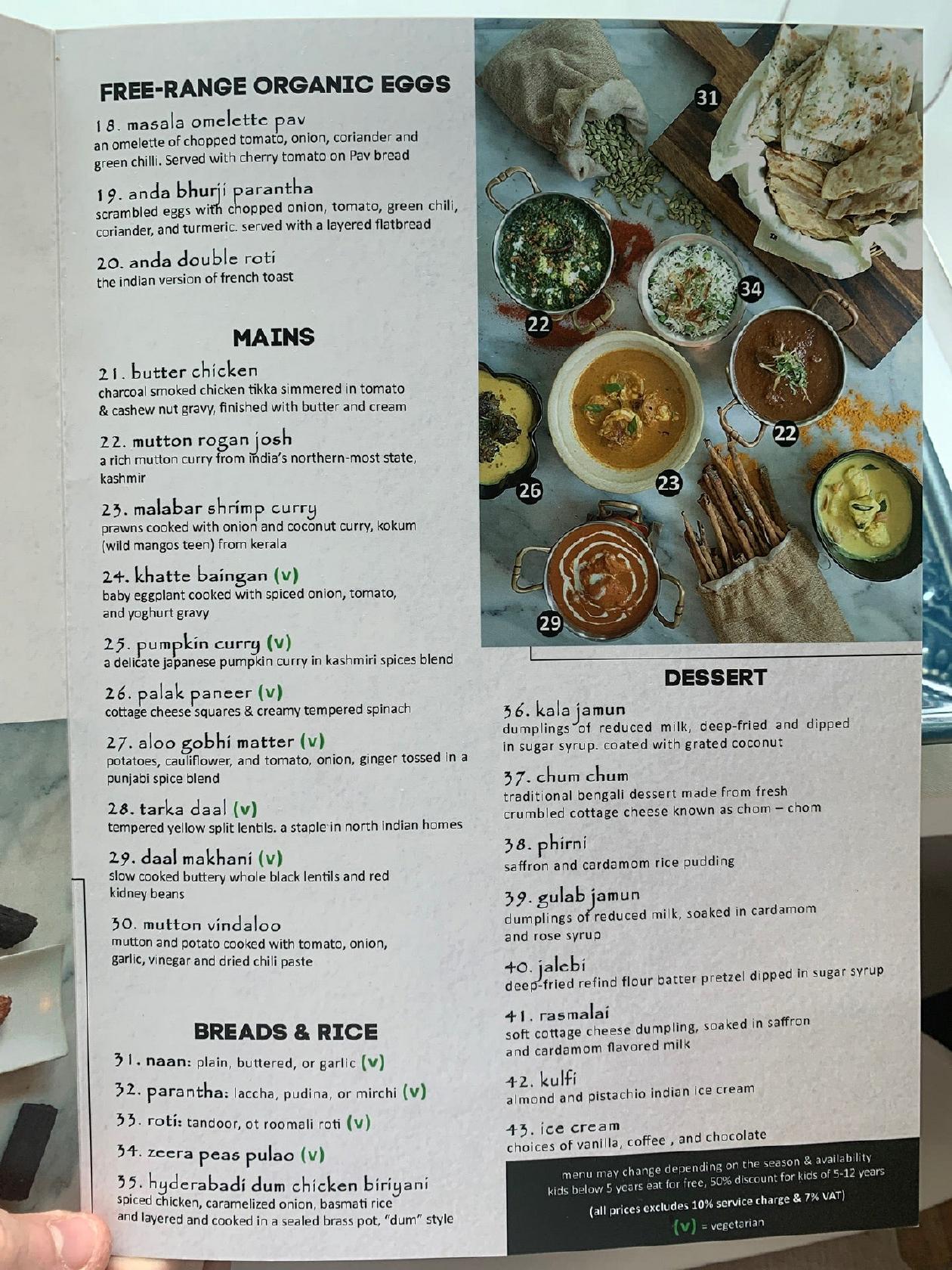 Menu at Indus restaurant, Bangkok