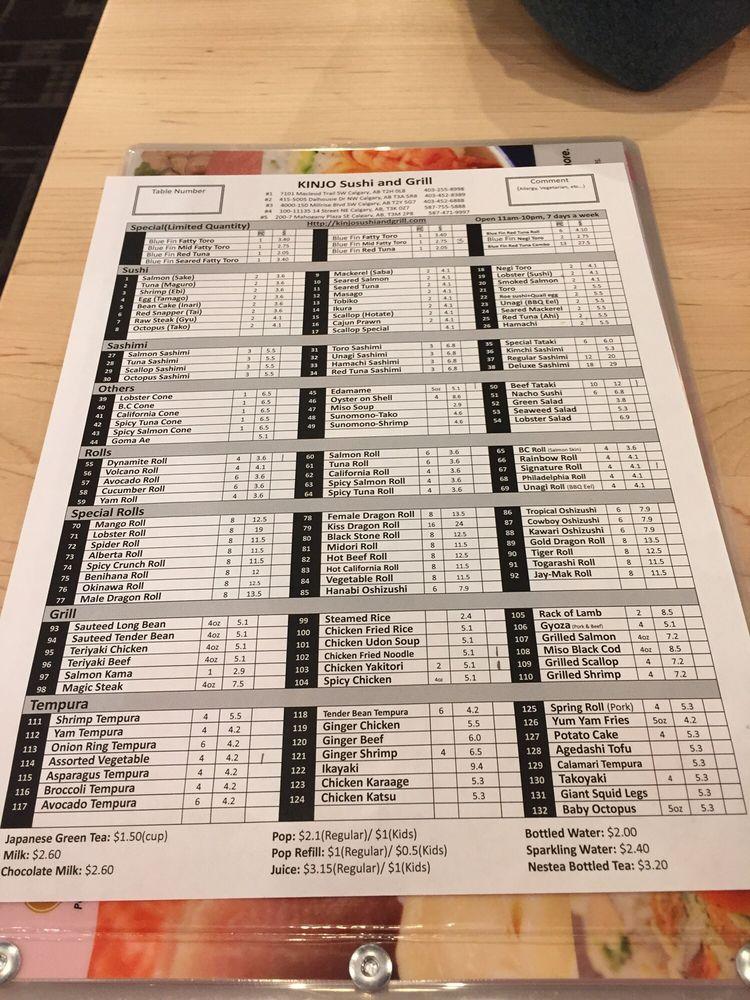 Menu at Kinjo Sushi & Grill Mahogany restaurant, Calgary, 7 Mahogany ...