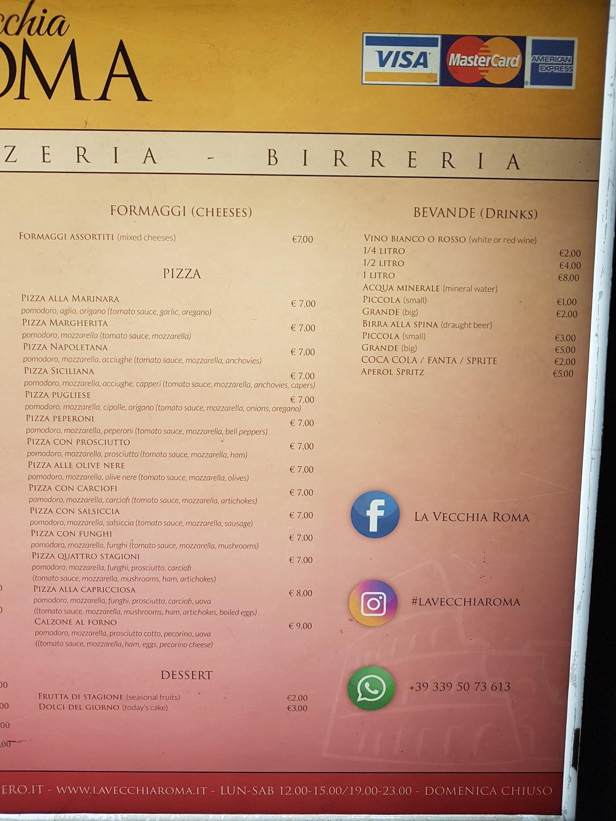 Menu da La Vecchia Roma pizzeria, Roma, Via Leonina