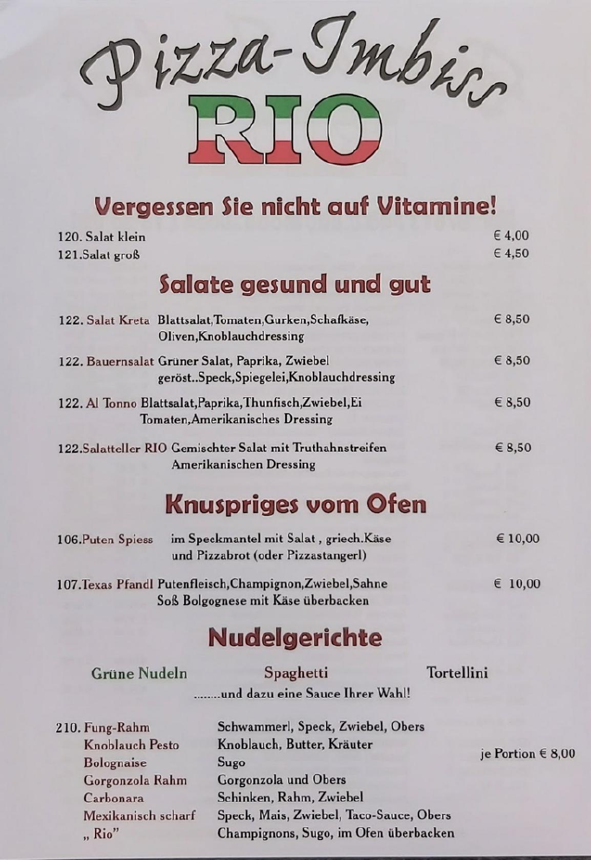 Menu at Pizzeria Rio, Laakirchen