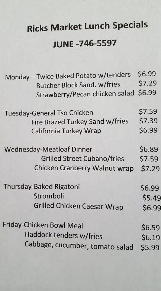 Menu at Ricks Market pizzeria, East Millinocket
