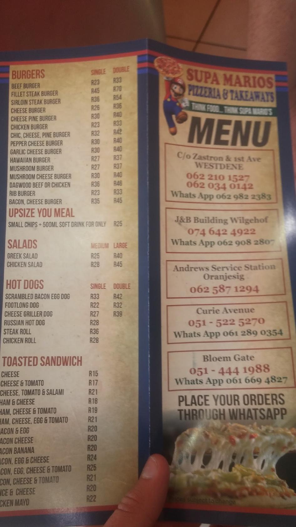 Menu at Supa Marios Pizzaria & Takeaways restaurant, Bloemfontein
