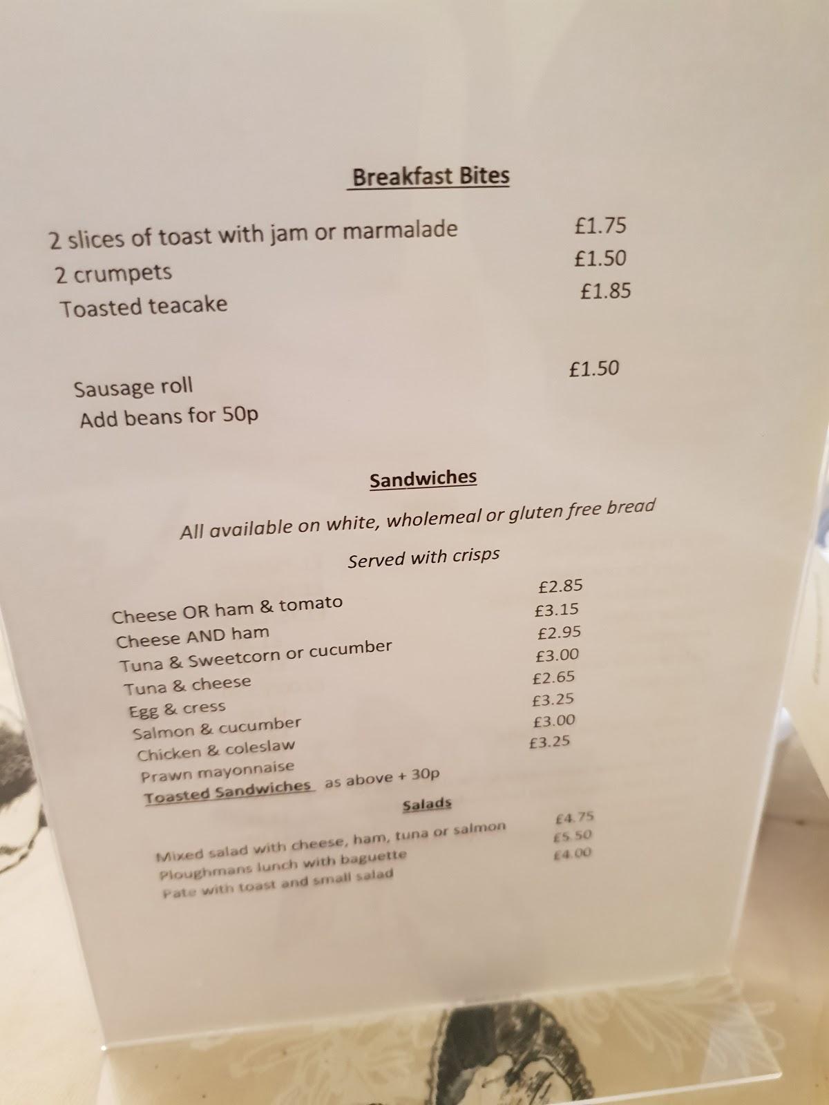 Menu at Tilly's Tearoom restaurant, Brandon