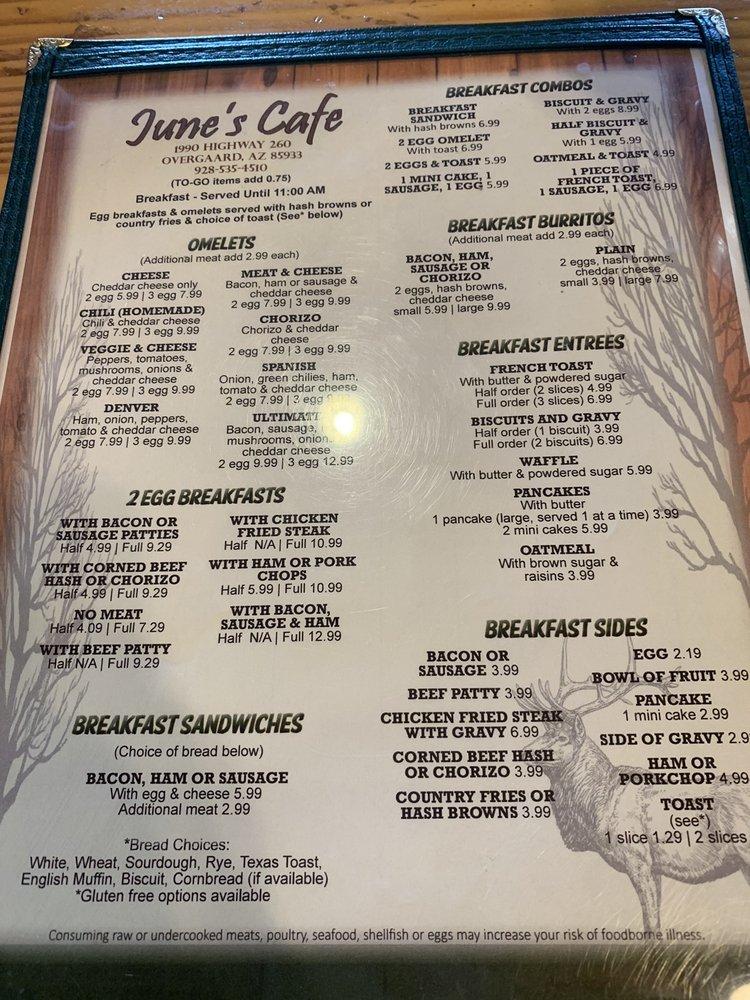 Menu at June's Cafe, Heber-Overgaard