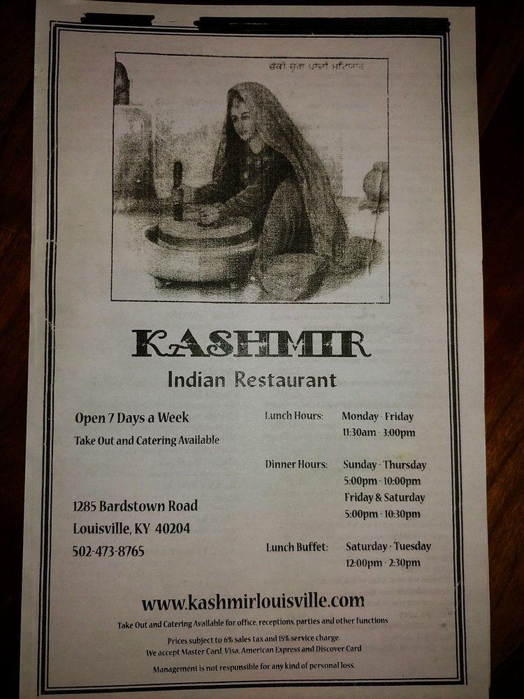 Menu at Kashmir Indian Restaurant, Louisville, Bardstown Rd