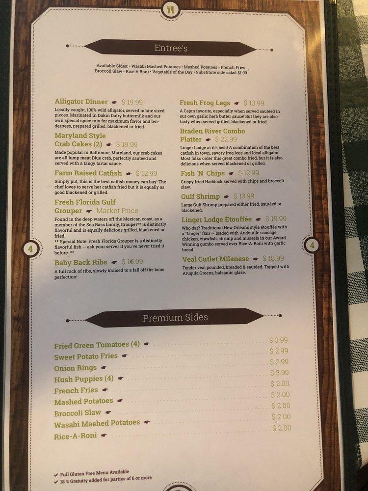 Menu at Linger Lodge Restaurant, Bradenton