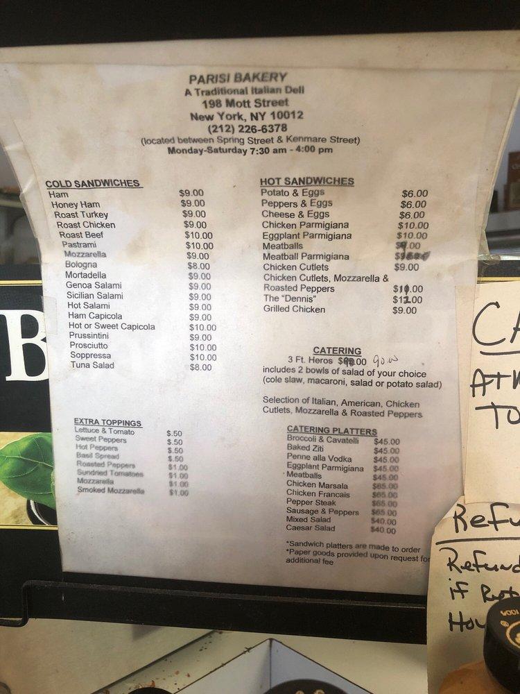 Menu at Parisi Bakery & Deli, New York City, 198 Mott St
