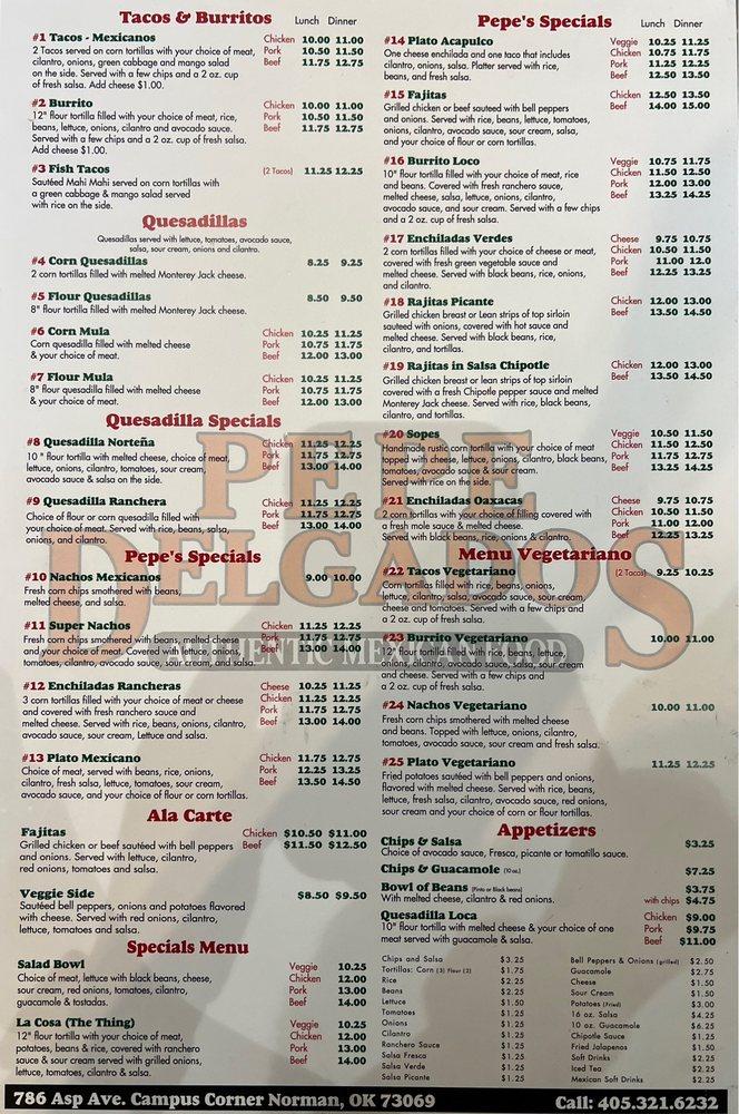 Menu at Pepe Delgados restaurant, Norman