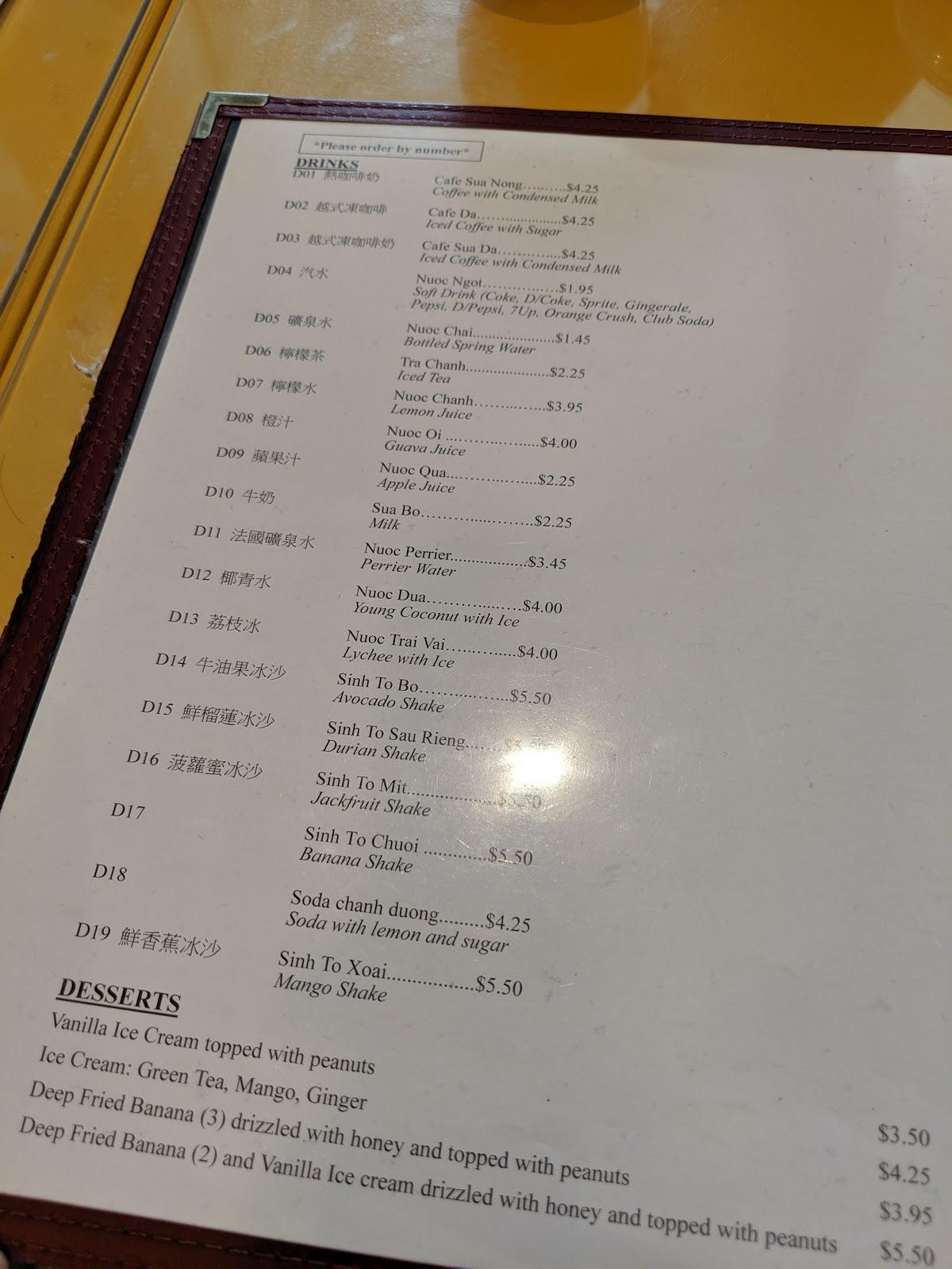 Menu at Saigon Boy Noodle House restaurant, Ottawa