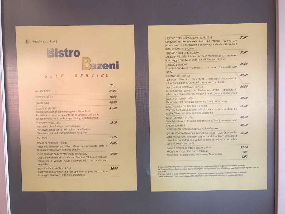 Menu at Bistro Bazeni restaurant, Rovinj