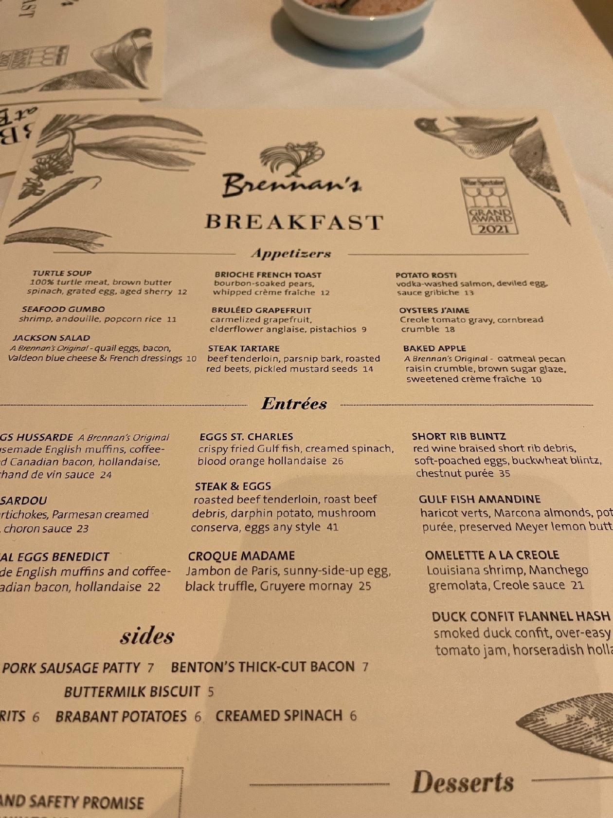 Menu at Brennan's restaurant, New Orleans