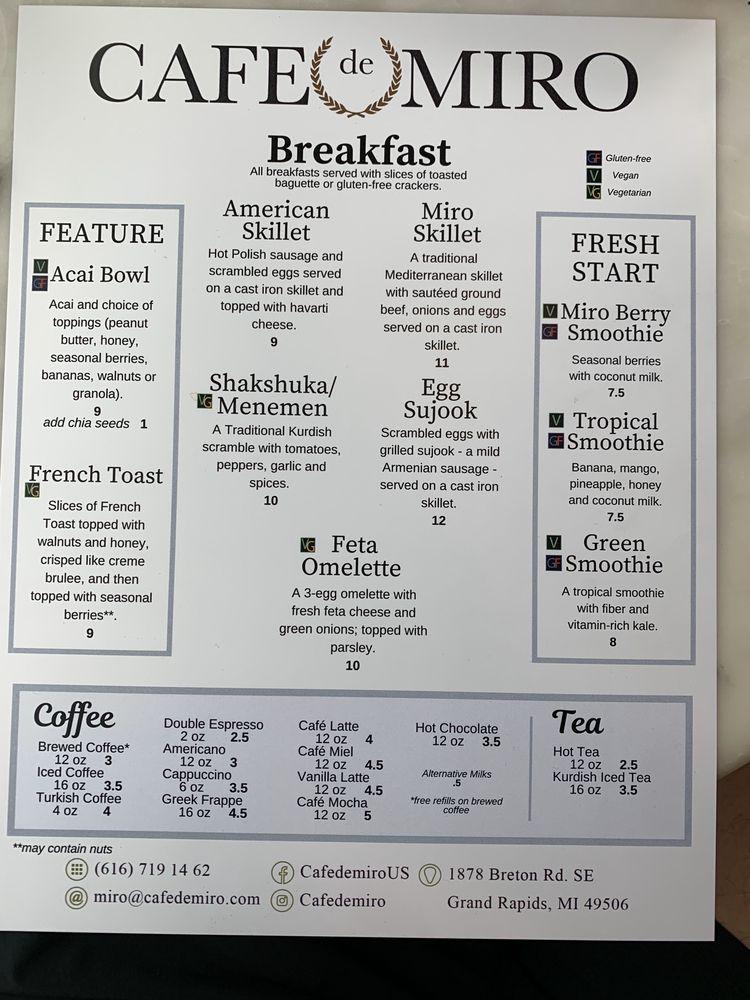 Menu at Cafe de Miro, Grand Rapids, Breton Rd SE