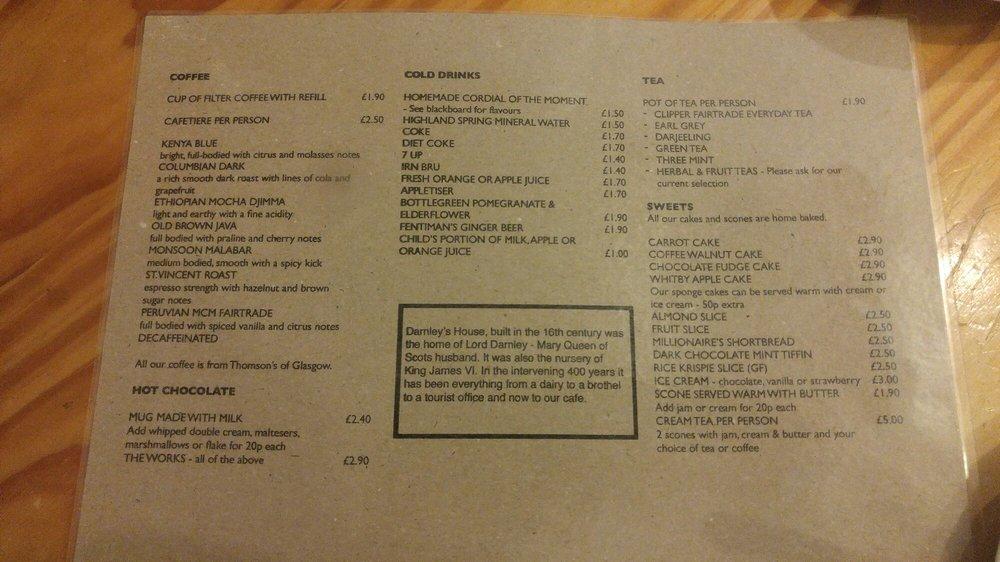 Menu at Darnley Coffee House, Stirling