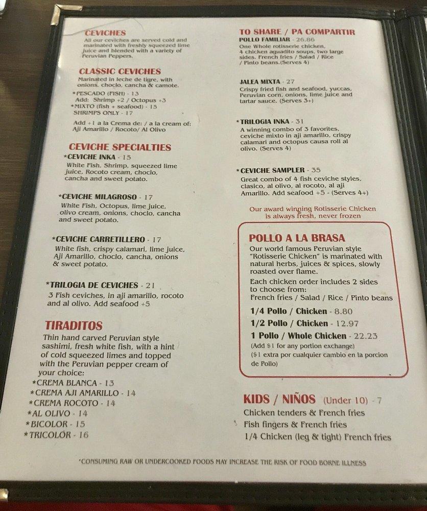 Menu at El Pollo Inka Miami restaurant, Miami, NW 36th St