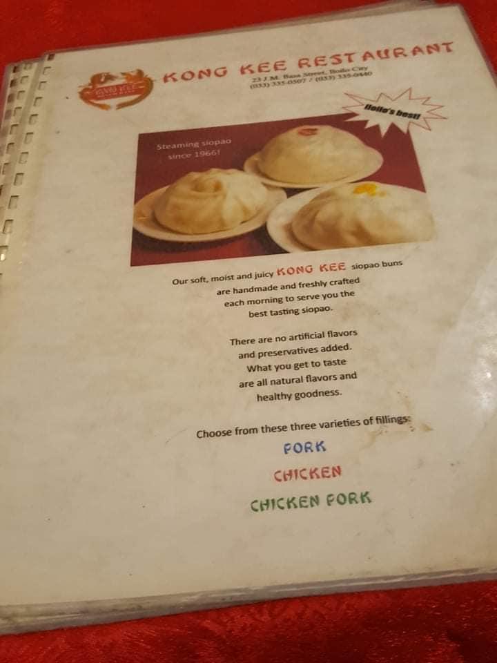 Menu at Kong Kee Restaurant, Iloilo City, 23 JM Basa St