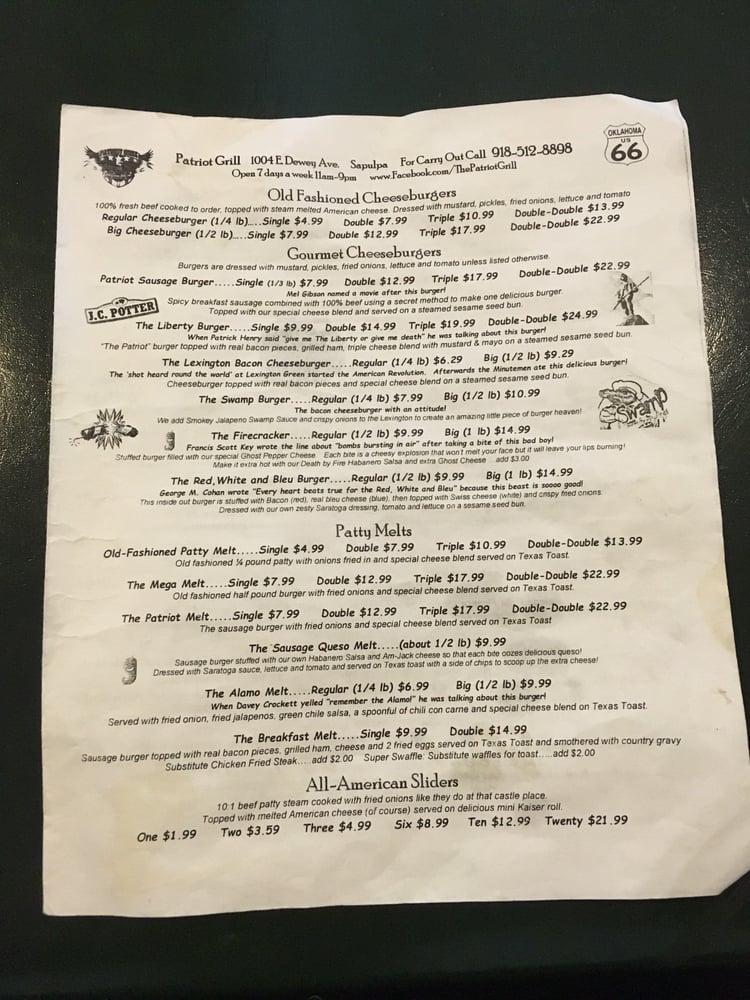 Menu at Patriot Cafe, Sapulpa