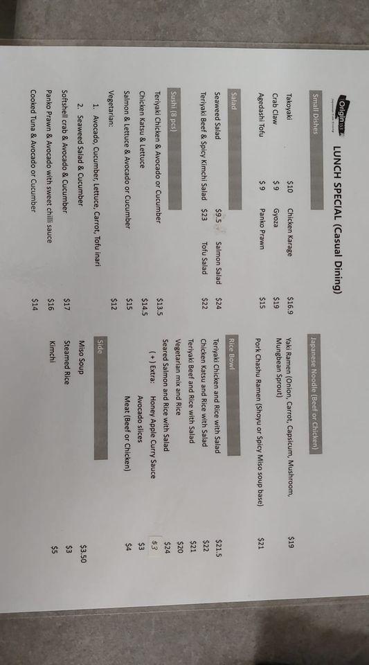 Menu at The Origin153 restaurant, Vasse