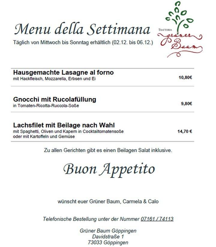 Menu at Grüner Baum restaurant, Göppingen, Davidstraße 1