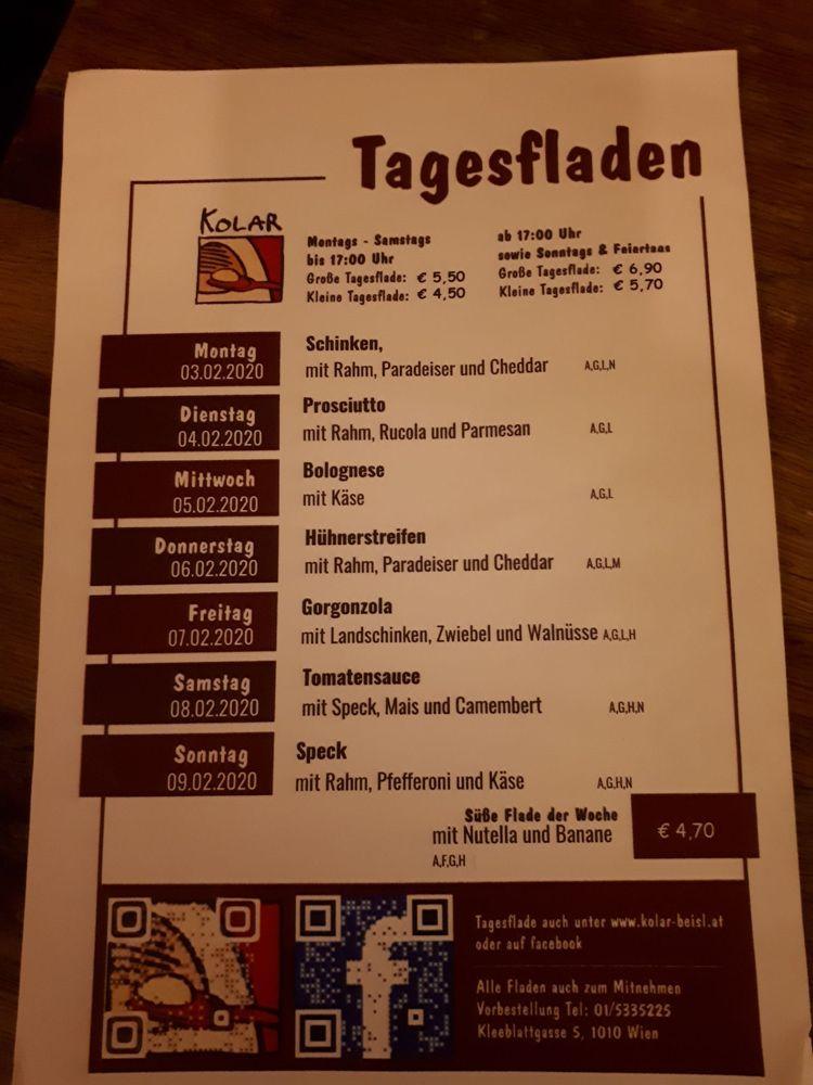 Menu at Kolar Beisl - Kleeblattgasse pub & bar, Vienna, Kleeblattgasse 5
