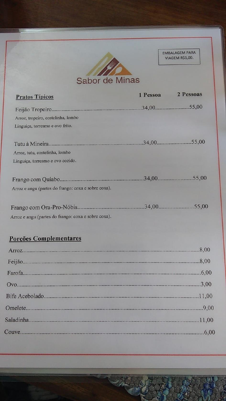 Menu em Sabor de Minas restaurante, Tiradentes