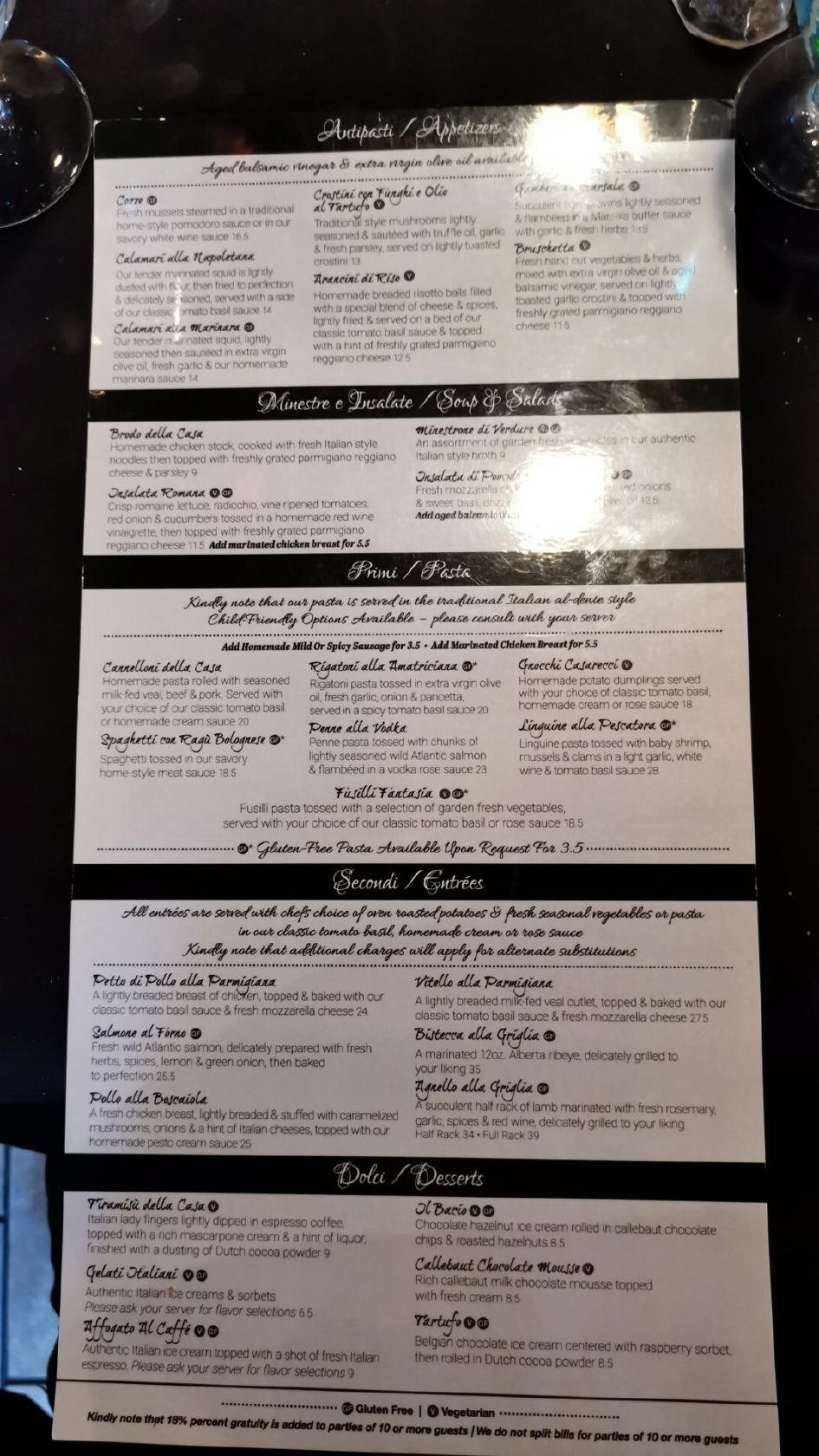 Menu at Sanremo Italian Bistro restaurant, St. Albert, 10A Perron St