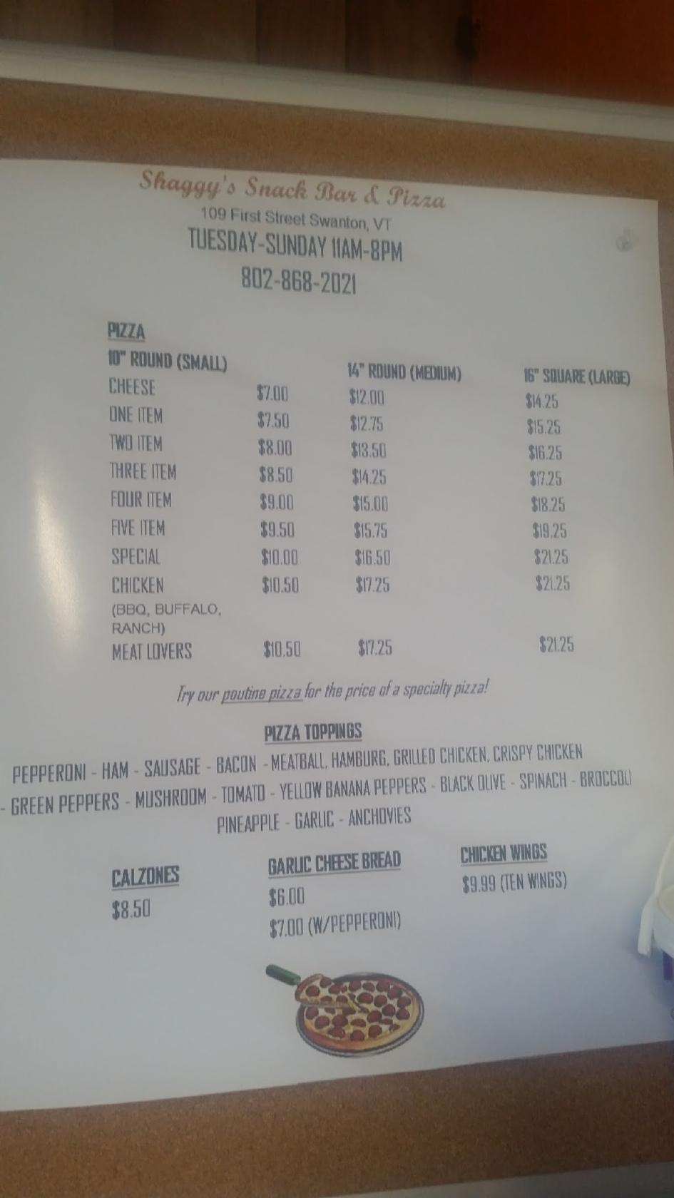 Menu at Shaggy's Snack Bar, Swanton