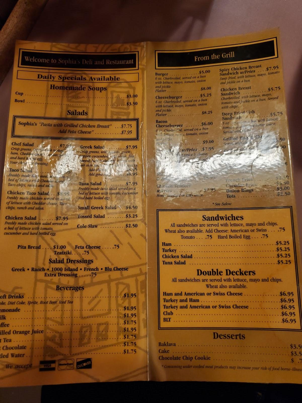 Menu at Sophia's Deli & Restaurant, Cincinnati