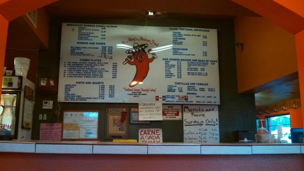 Menu at St. Mary's Mexican Food restaurant, Tucson