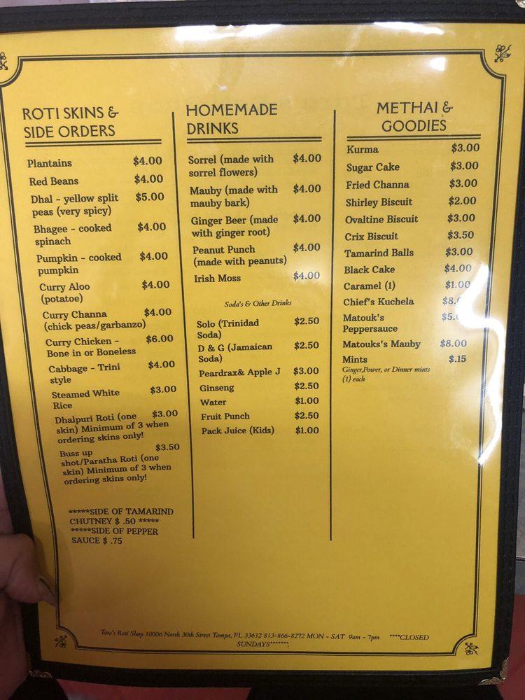 Menu at Tara's Roti Shop restaurant, Tampa
