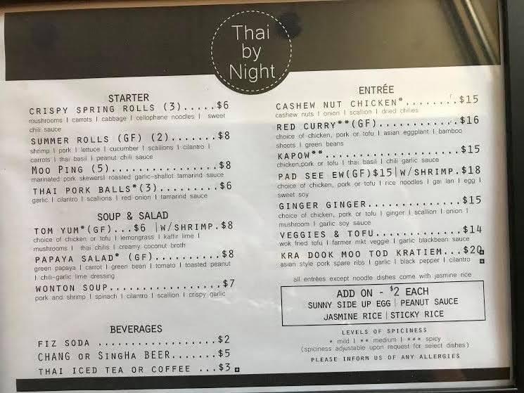 Menu at Thai by Night restaurant, Canandaigua