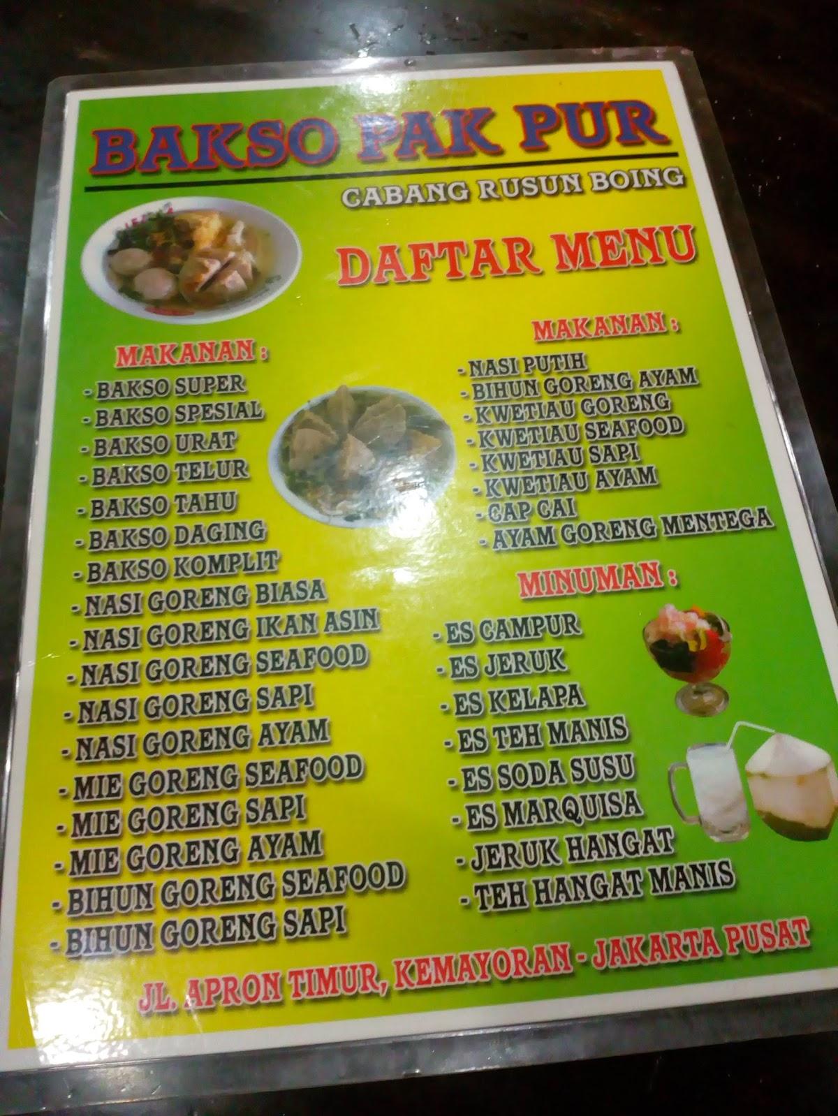 Menu at Bakso Pak Pur restaurant, Jakarta, Jl. Apron Kecamatan No.47