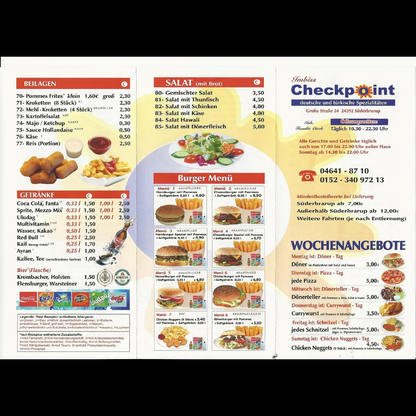 Menu at Checkpoint fast food, Süderbrarup