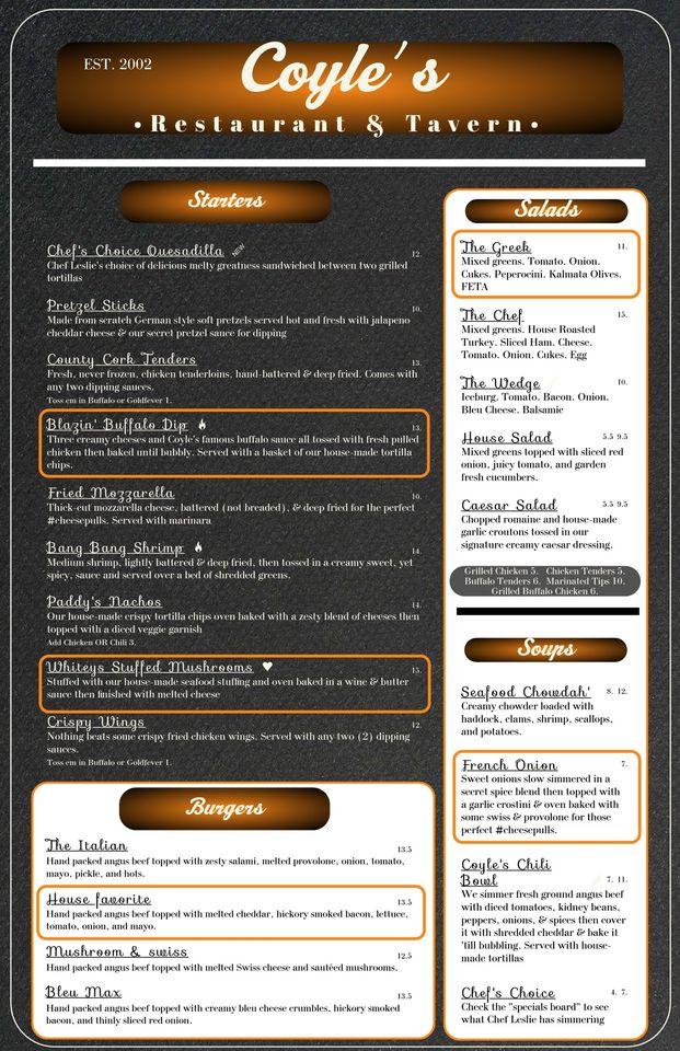 Menu at Coyle's Roadhouse Tavern pub & bar, Dracut