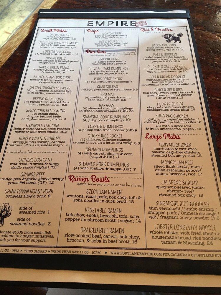 Menu at Empire Chinese Kitchen restaurant, Portland