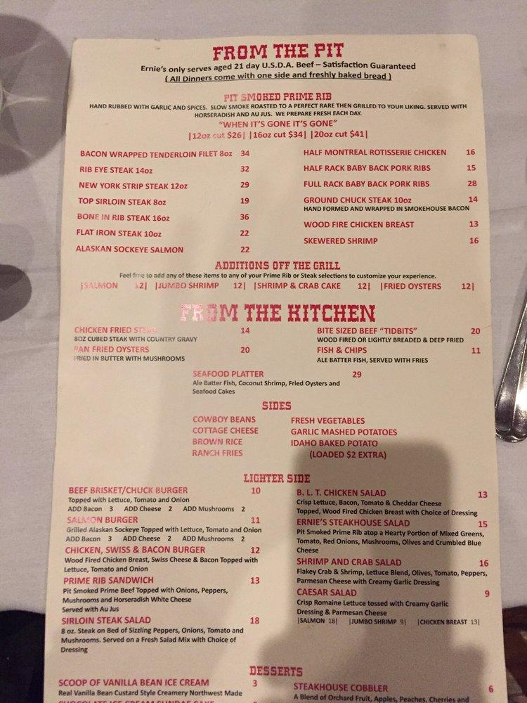 Menu at Ernie's Steakhouse, Lewiston