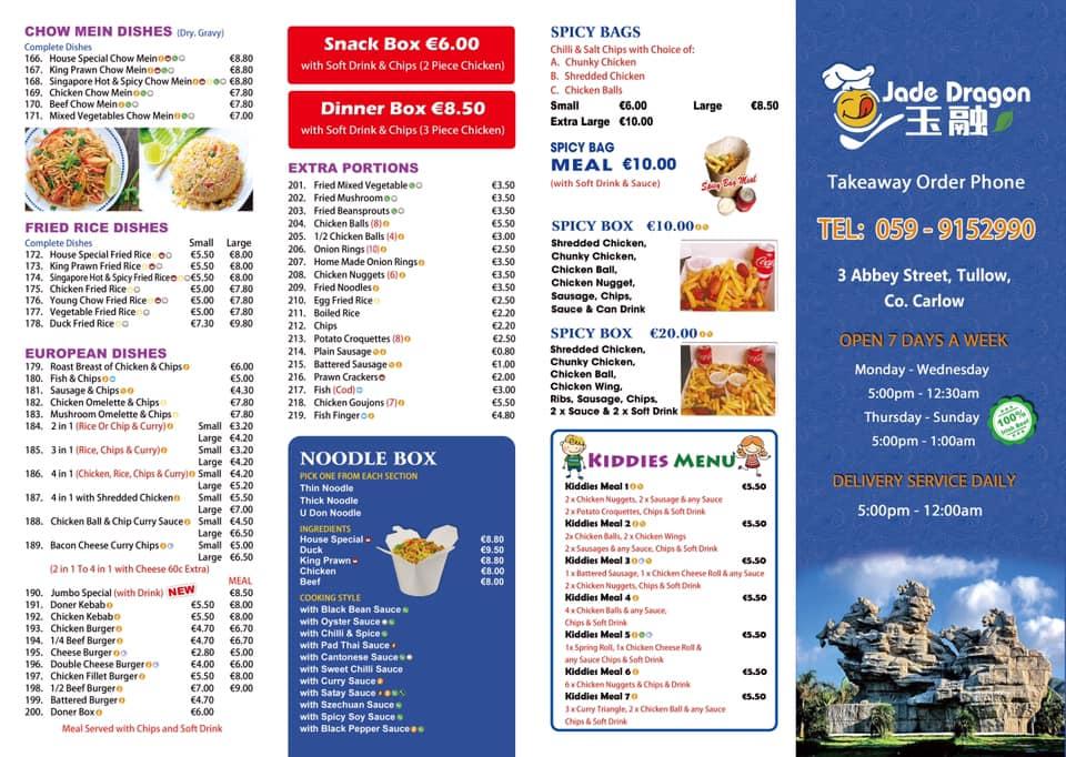 Menu at Jade Dragon Chinese Take Away fast food, Tullow