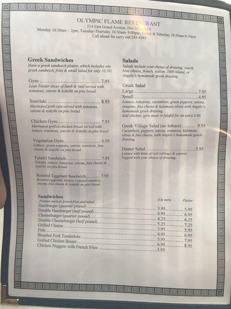 Menu at Olympic Flame Restaurant, Des Moines