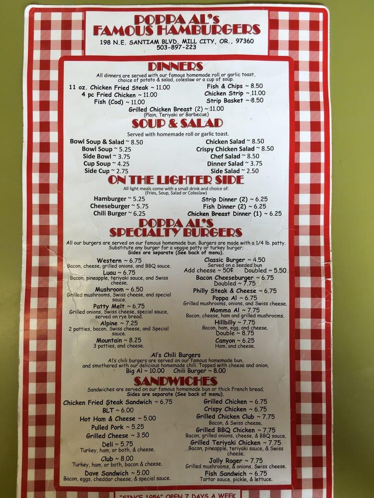 Menu at Poppa Al's Famous Hamburgers restaurant, Mill City