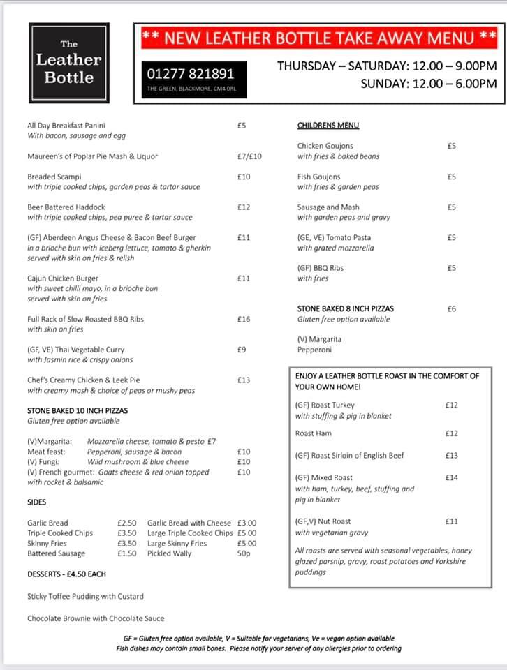 Menu at The Leather Bottle Blackmore pub & bar, Ingatestone, The Green