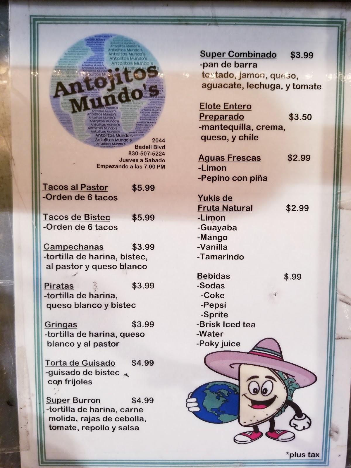 Menu at Antojitos Mundo restaurant, Del Rio