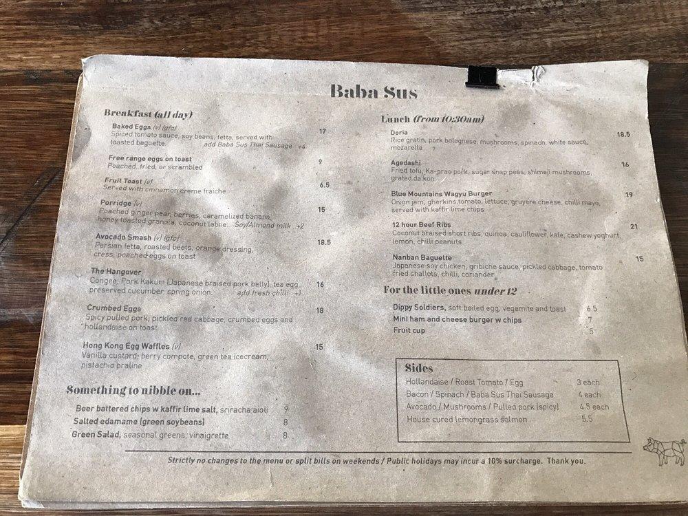 Menu at Baba Sus restaurant, Glen Iris