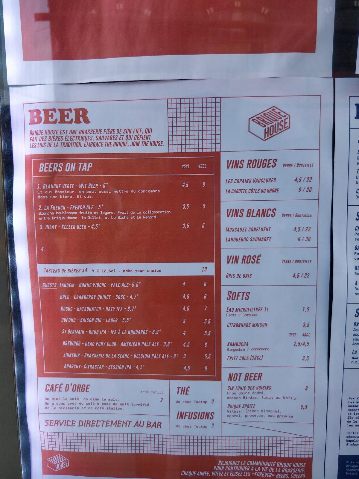 Menu at Brique House Taproom restaurant, Saint-André-lez-Lille