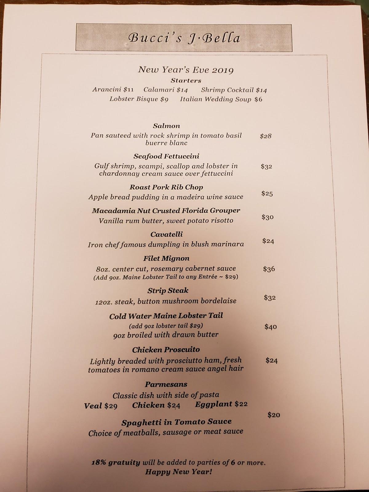 Menu at Bucci's J Bella pizzeria, Strongsville