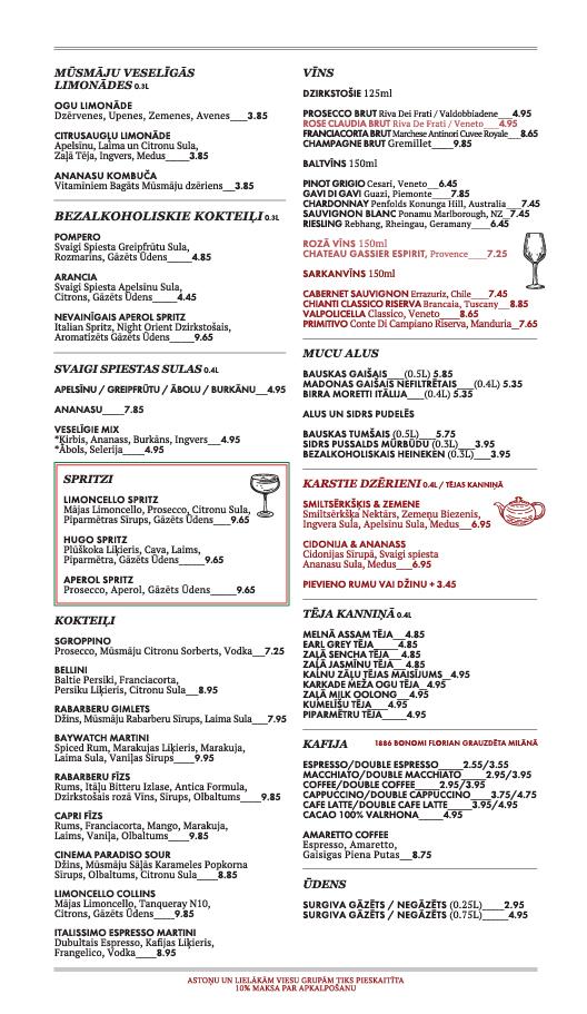 Menu at Italissimo restaurant, Riga