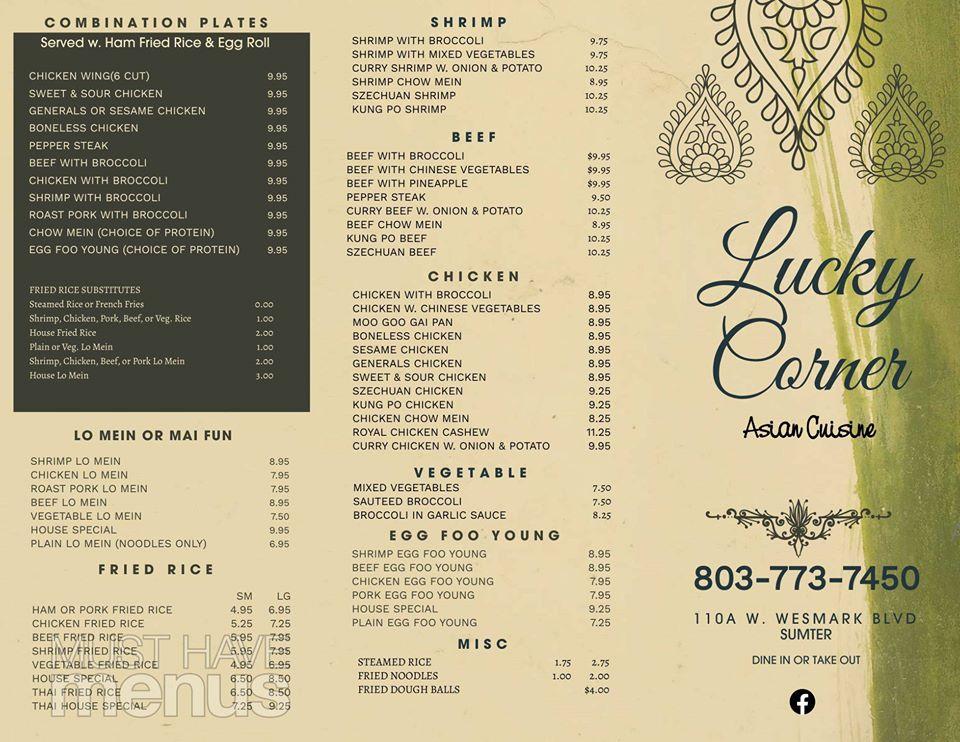 Menu at Lucky Corner restaurant, Sumter
