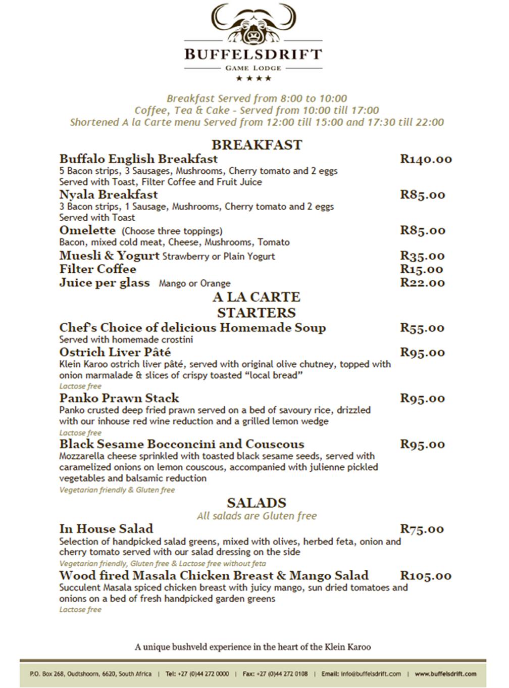 Menu at Buffelsdrift Game Lodge restaurant, Oudtshoorn