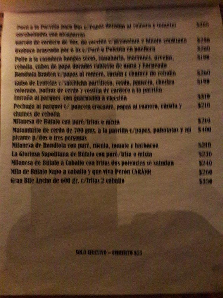 Menu at Perón Perón RestoBar, Buenos Aires