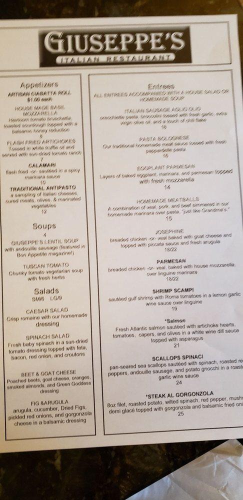 Menu at Giuseppe's Italian Restaurant, Williamsburg