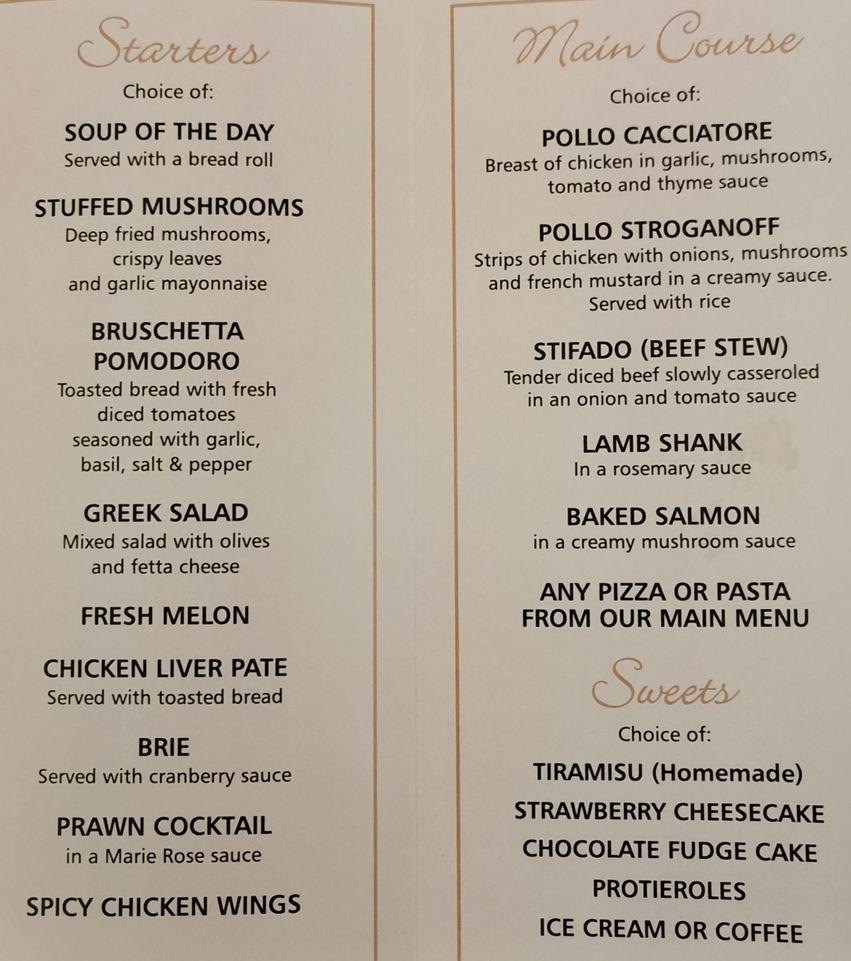 Menu at Monte Cristo restaurant, Accrington