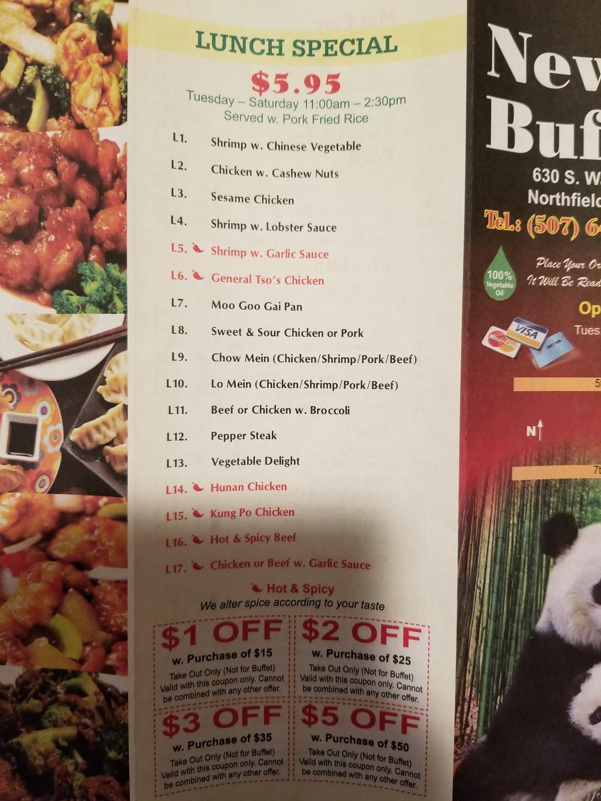 Menu at New Buffet restaurant, Northfield
